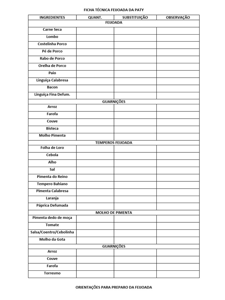 Ficha Técnica Feijoada Da Paty | PDF