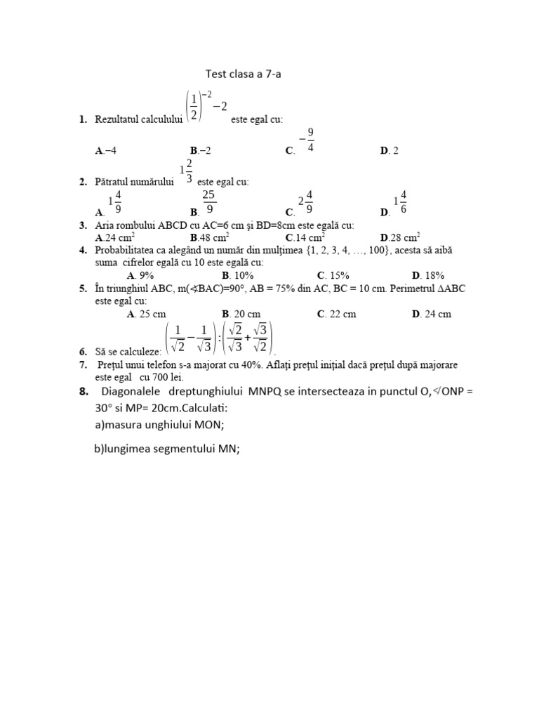 Test Clasa A 7 | PDF