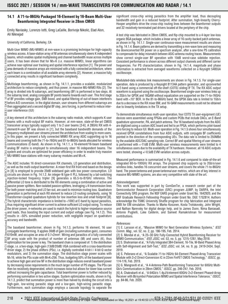 A 71-to-86GHz Packaged 16-Element by 16-Beam Multi-User Beamforming Integrated Receiver in 28nm ...