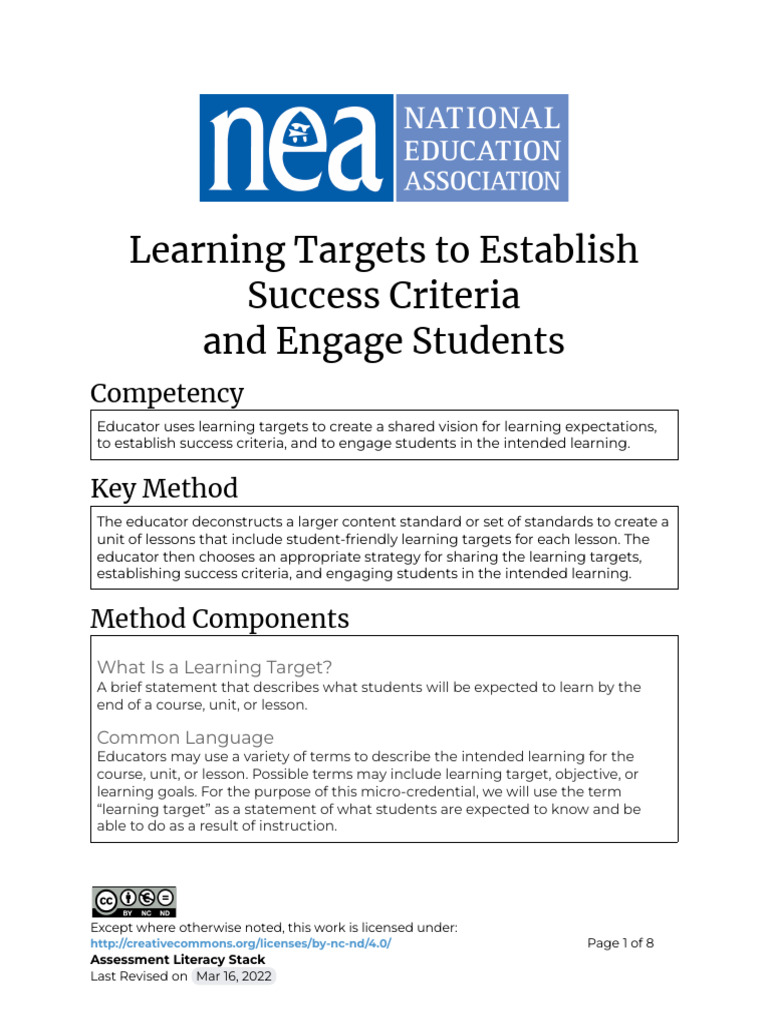 Learning Targetsto Establish Success Criteriaand Engage Students | PDF ...