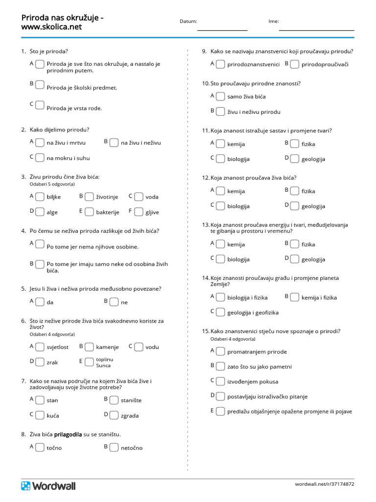 Priroda Nas Okruzuje Ispit 5 Razred Test | PDF