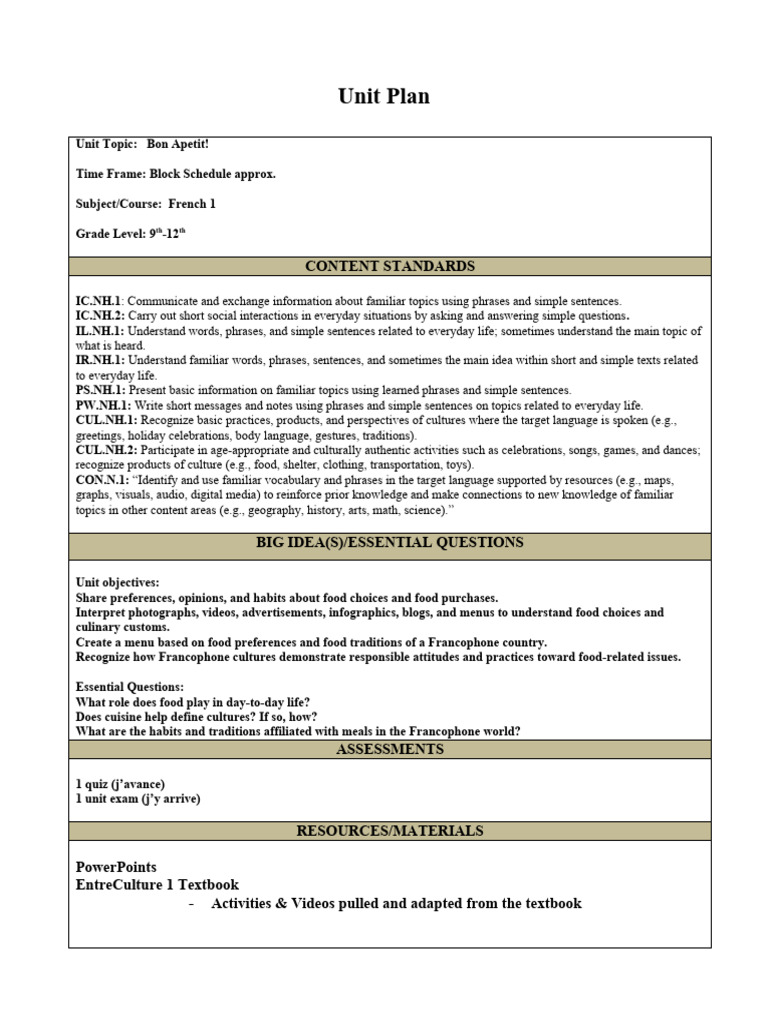 French 1 Unit Plan | PDF | Information | Menu