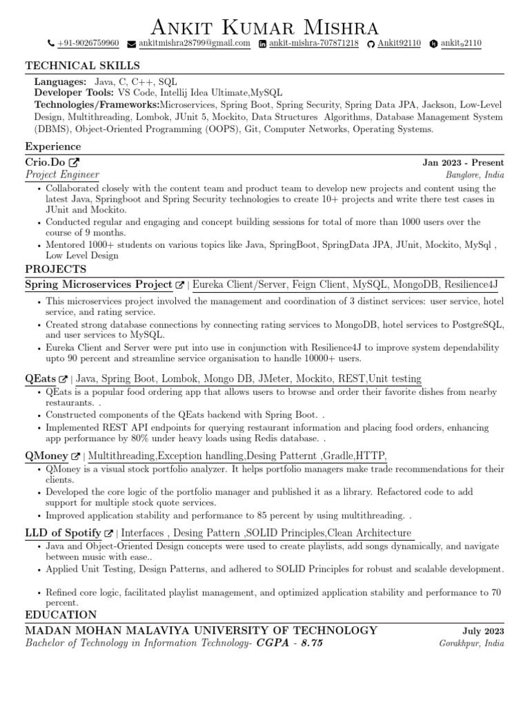 Ankit Mishra Resume | PDF | Databases | Spring Framework