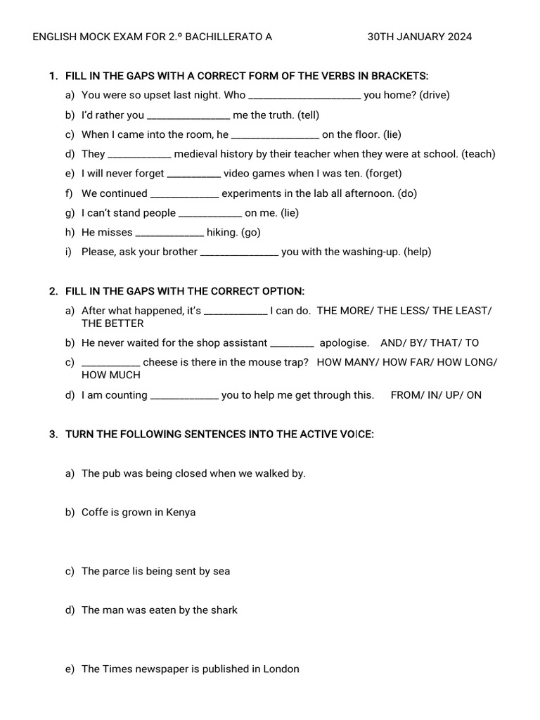 Mock Exam 2 Bachillerato 26 Enero 2024 Verb Tenses, Conditionals and Passive Voice | PDF