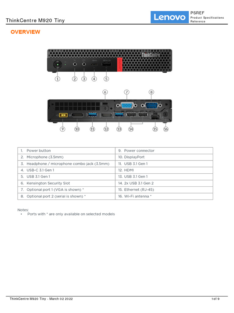 ThinkCentre M920 Tiny Spec | PDF | Usb | Hdmi