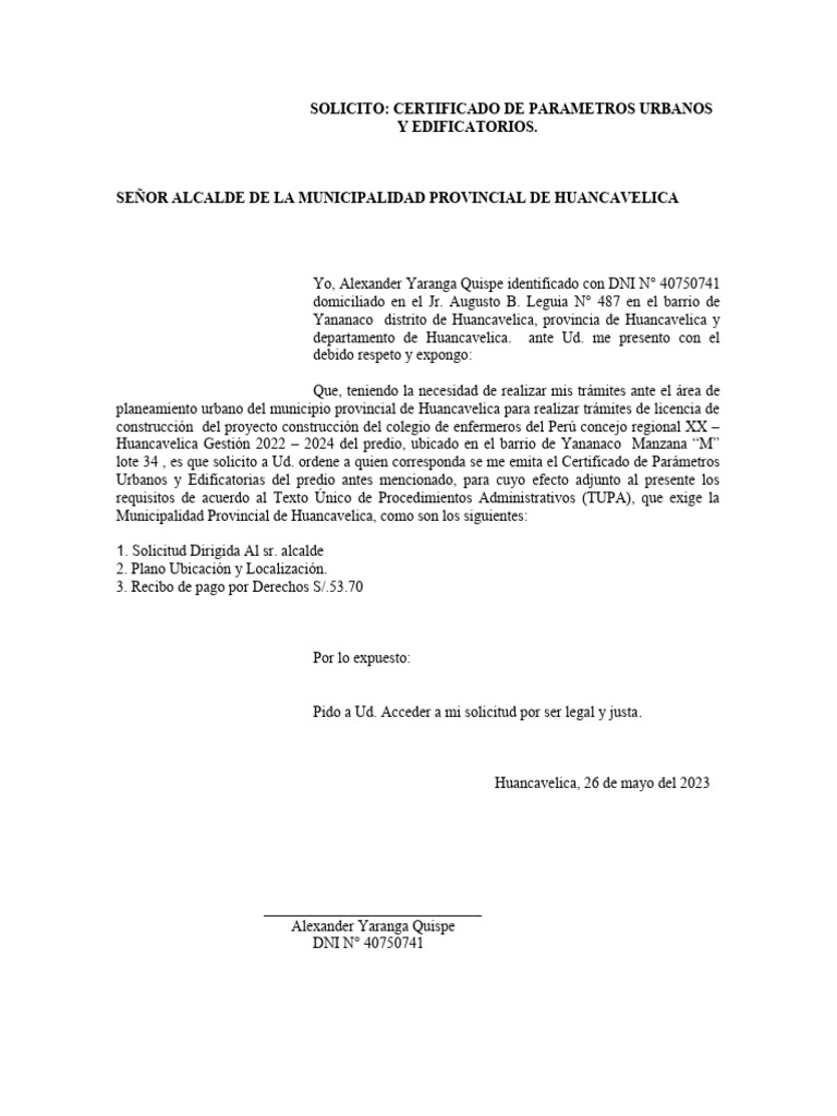 Solicitud-de-Certificado-de-Parametros-Urbanisticos Cep | PDF