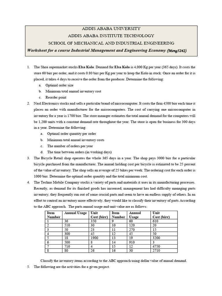Worksheet For A Course Industrial Management and Engineering Economy ...