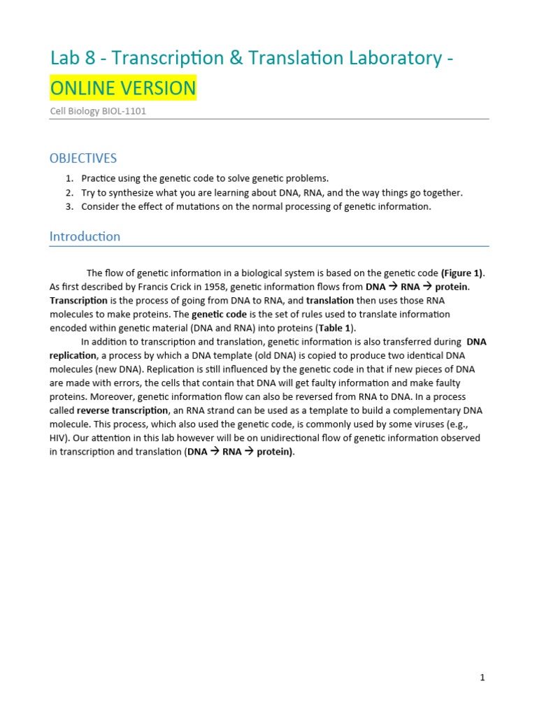 Lab 8 - Transcription-Translation-ONLINE VERSION - 2021 | PDF | Genetic ...
