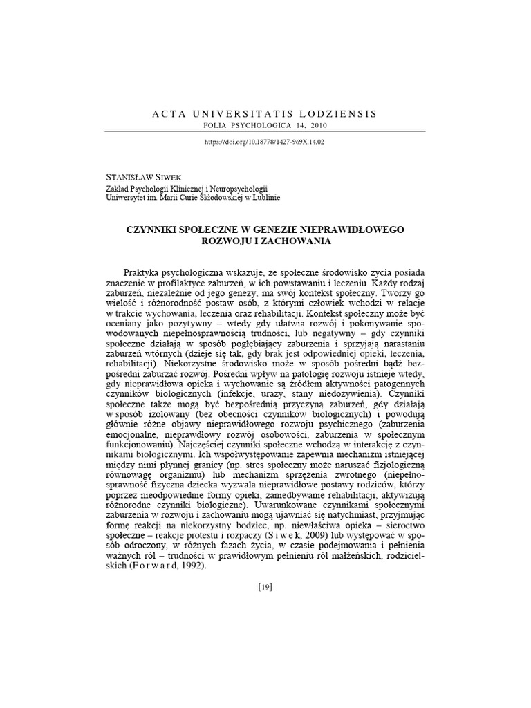 Czynniki Społeczne W Genezie Nieprawidłowego Rozwoju I Zachowania | PDF