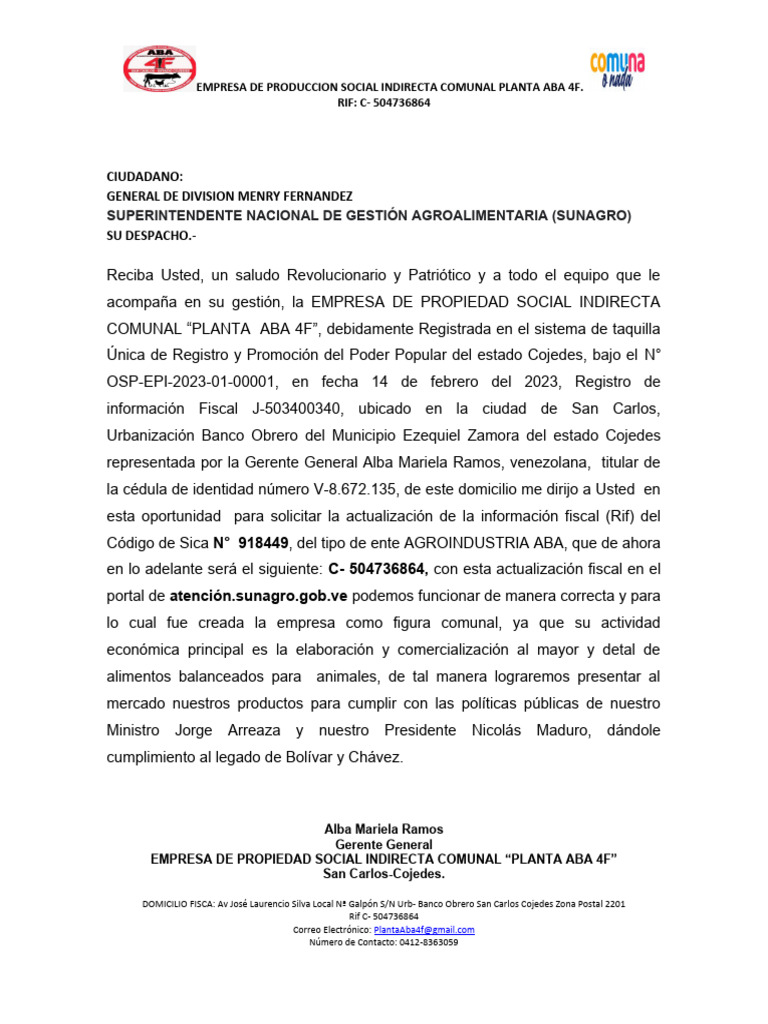 Solicitud Planta Aba 4f. Sunagro | PDF | Economias