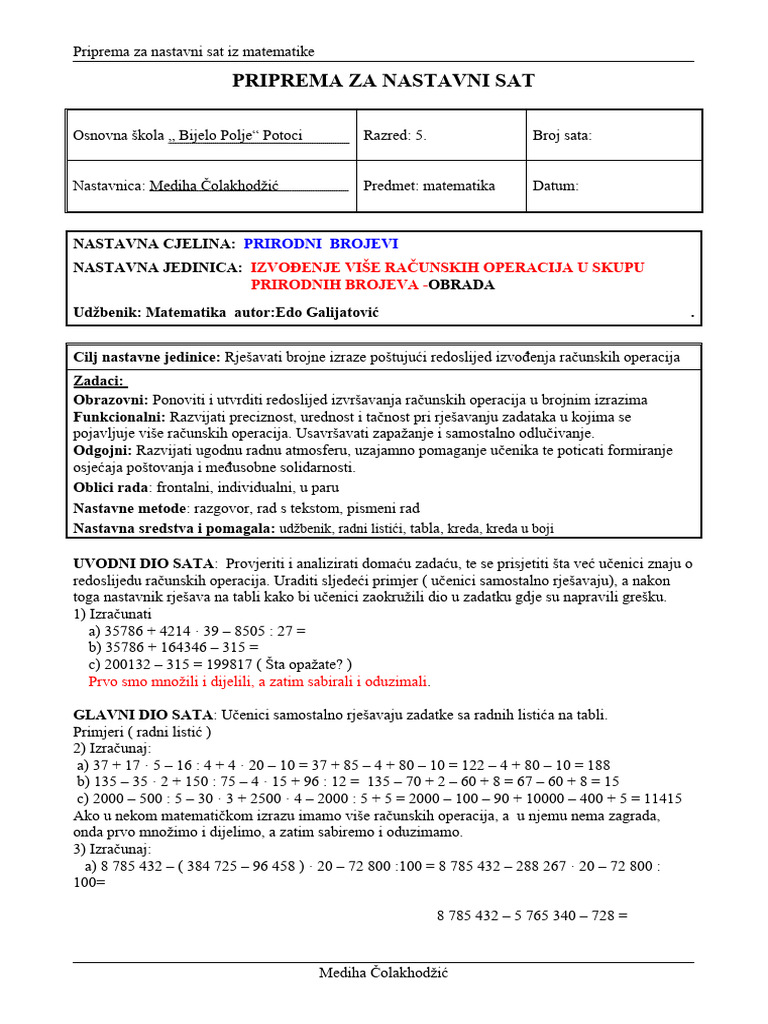 Izvođenje Više Računskih Operacija - Priprema | PDF