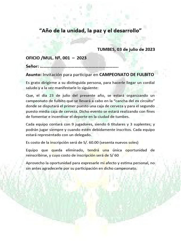 Invitación a Campeonato de Fulbito 2023 | PDF | Hogar, jardinería y ...