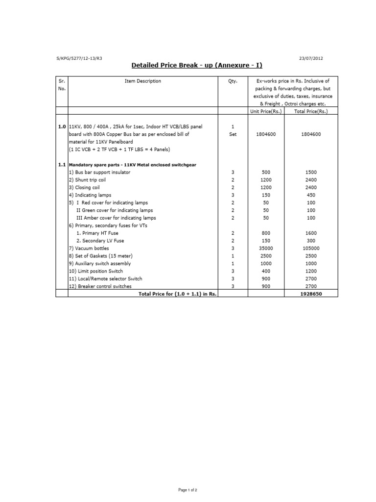 Detailed Price Break-Up (Annexure - I) (R3) | PDF | Relay | Switch