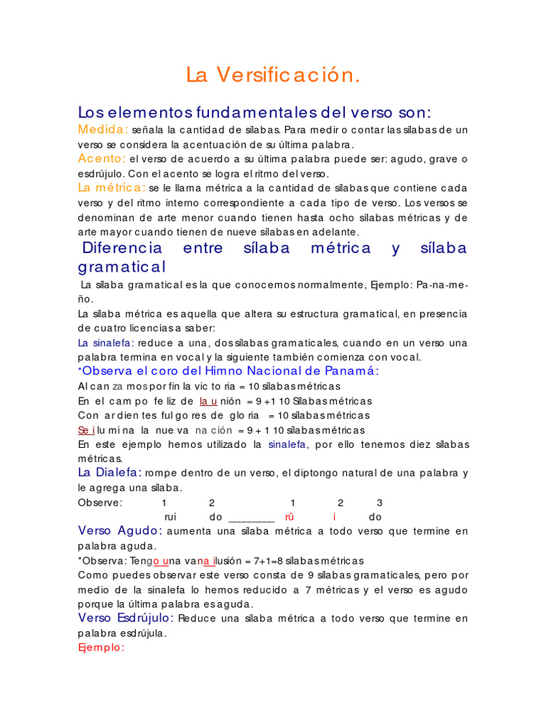 La Versificación.: Los Elementos Fundamentales Del Verso Son | PDF