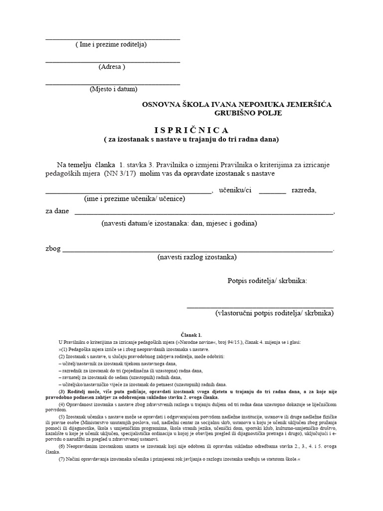 Obrazac - Ispricnice - Za - Ucenika 2 | PDF