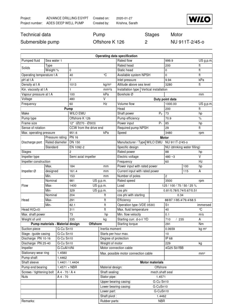 Ades Pump Data Sheet K126 | PDF | Pump | Electric Motor