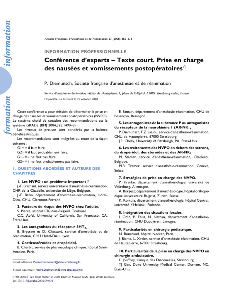 Prise en charge des NVPO postopératoires | PDF | Anesthésie | Risque
