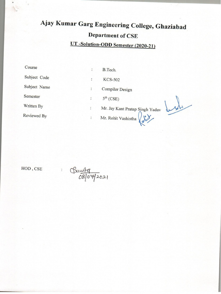 Compiler Design KCS-502 UT Sol ODD 20-21 | PDF