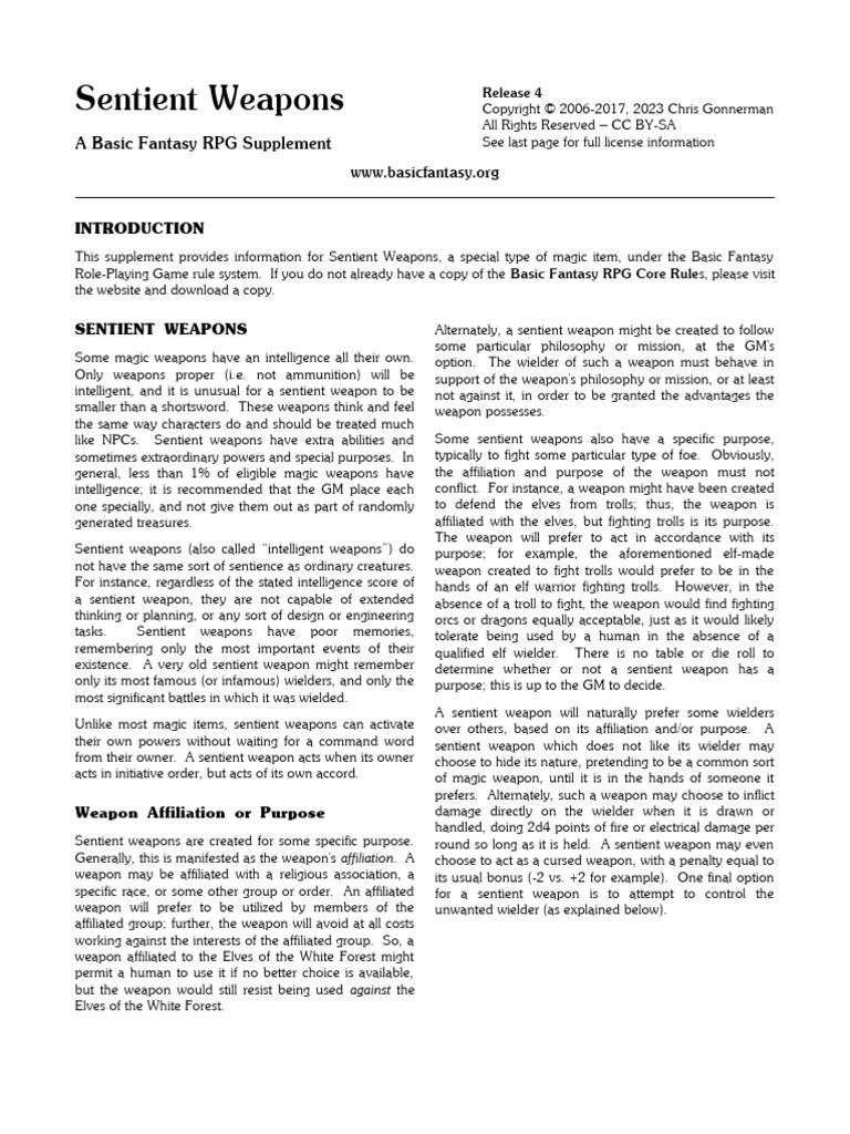 BF Sentient Weapons r4 | Download Free PDF | Role Playing Games