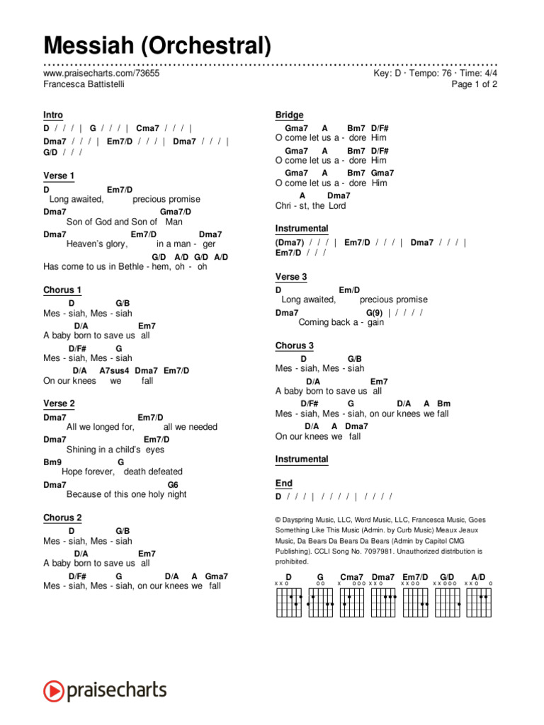 Messiah (Orchestral) (Francesca Ba...) Chord Chart - D - 2 Column ...