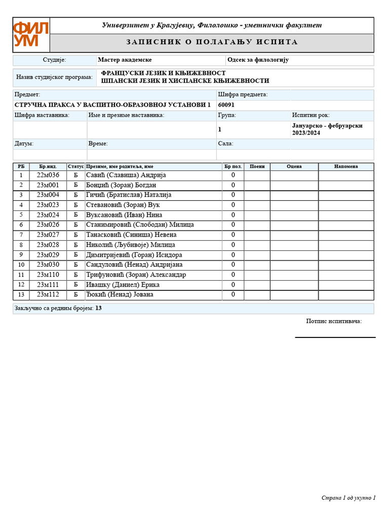 Zapisnik MAS Januarsko-Februarski Ispitni Rok 2024 | PDF