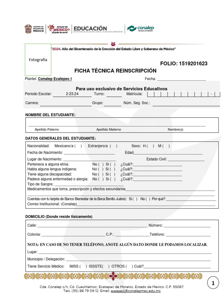 Ficha Técnica Reinscripción 2024 | PDF