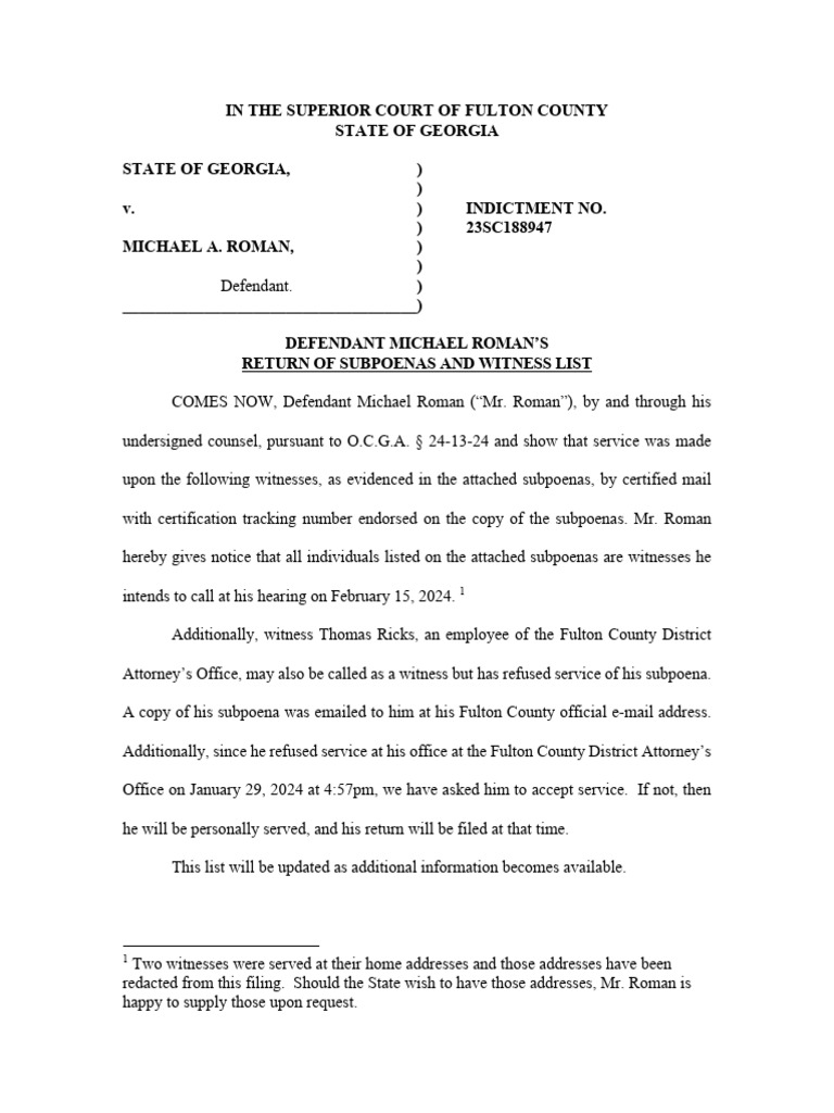 Roman's Subpoena Return and Witness List | PDF | Subpoena | Justice
