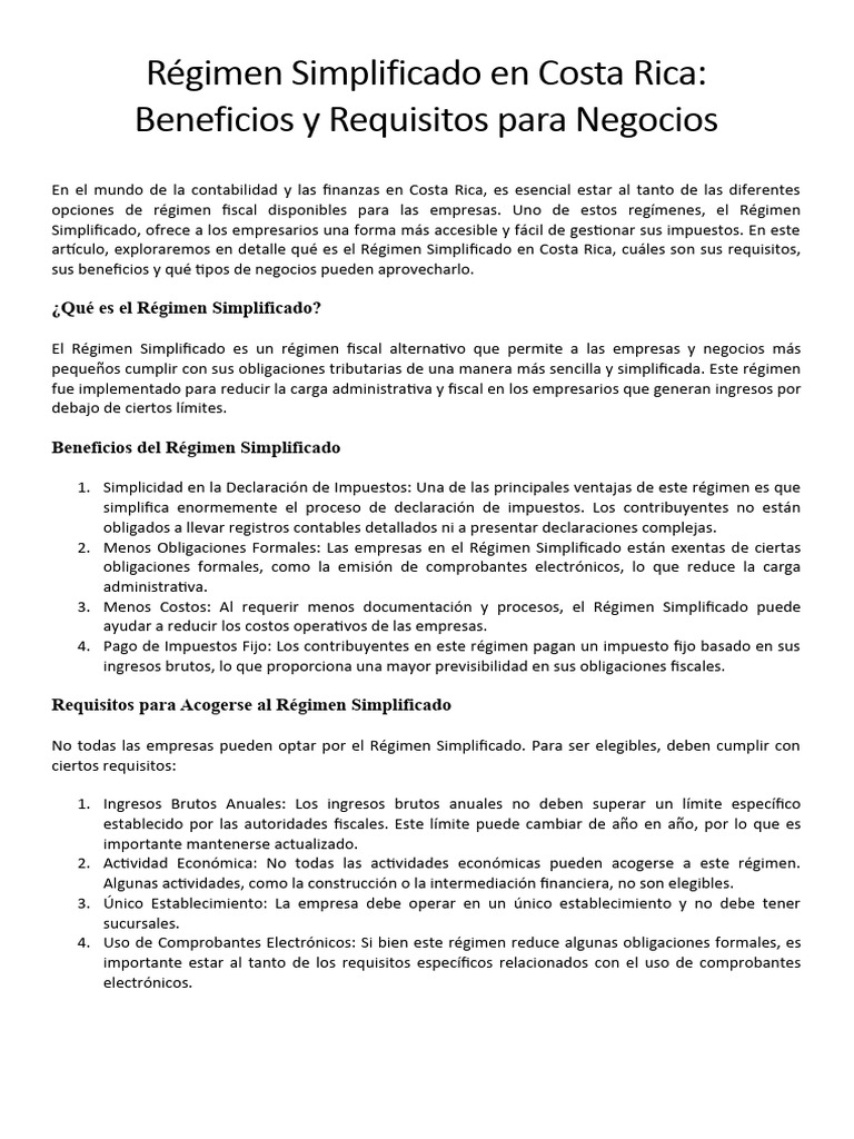 Régimen Simplificado en Costa Rica | PDF | Impuestos | Al por menor