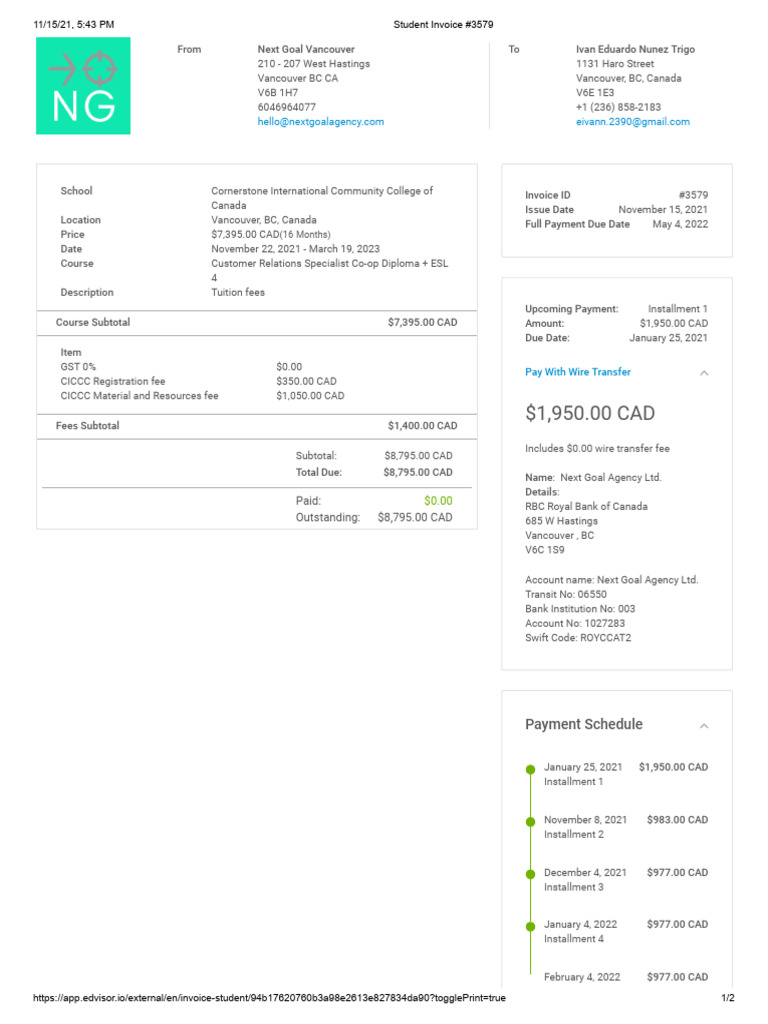Student Invoice #3579 - Ivan Eduardo Nunez Trigo | PDF | Invoice | Wire ...