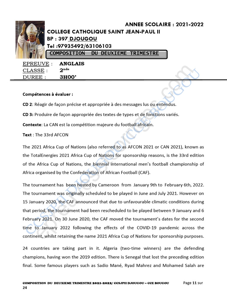 Composition Du 2ème Trimestre Anglais 2nde 2021-2022 College Catholique Saint Jean-Paul Ii | PDF ...