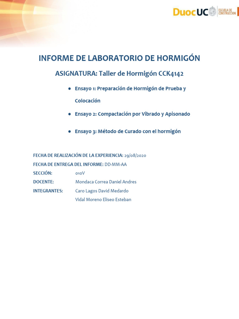 Informe N°1 Hormigon | PDF | Hormigón | Albañilería