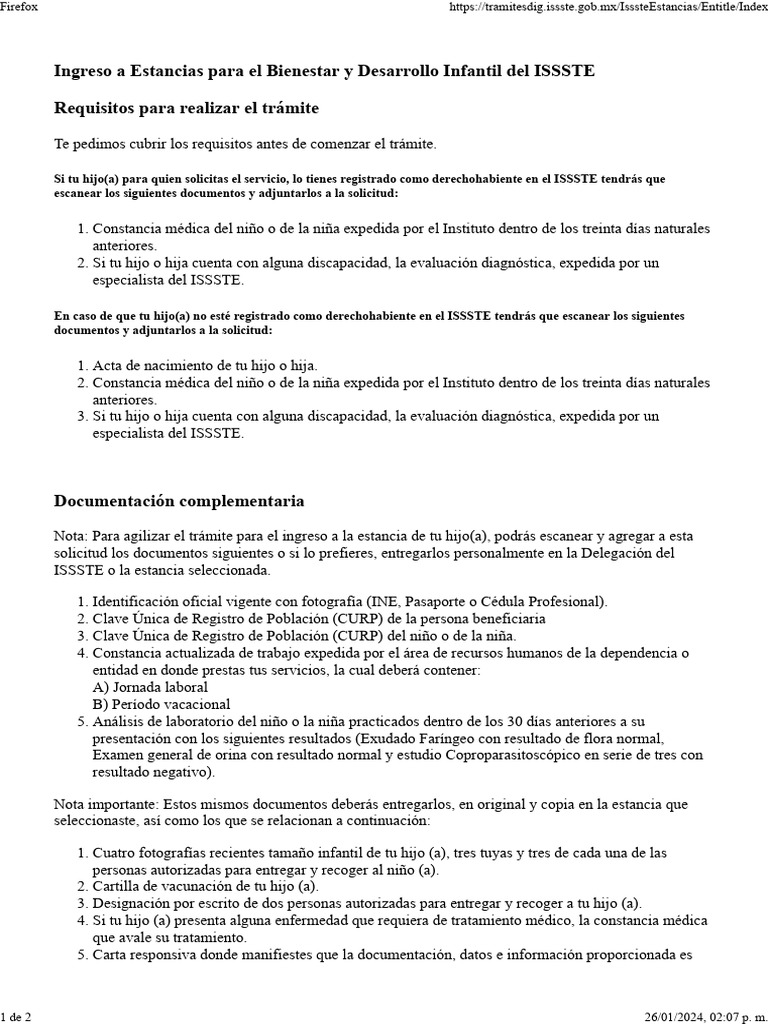 REQUISITOS Issste Guarderia | PDF