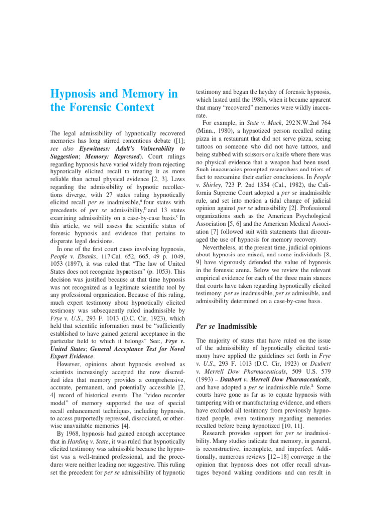 Forensic Hypnosis: Legal Admissibility Debate | PDF | Hypnosis | Daubert V. Merrell Dow ...