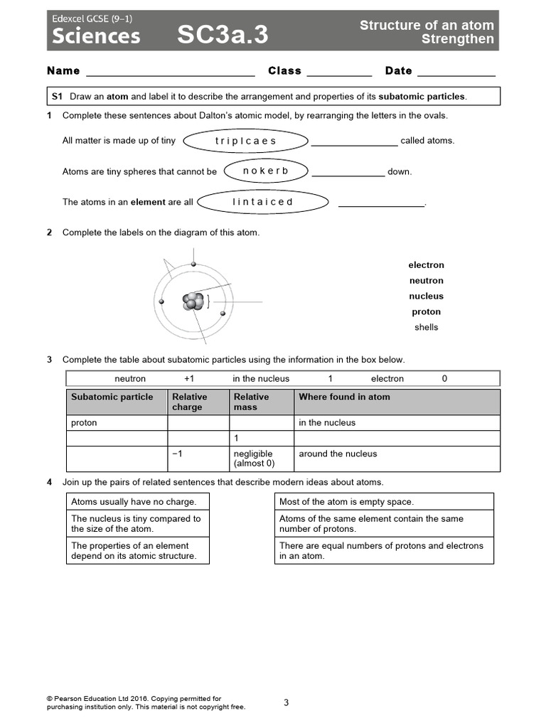 SC3a.3 Structure of An Atom - Strengthen - Worksheet | PDF
