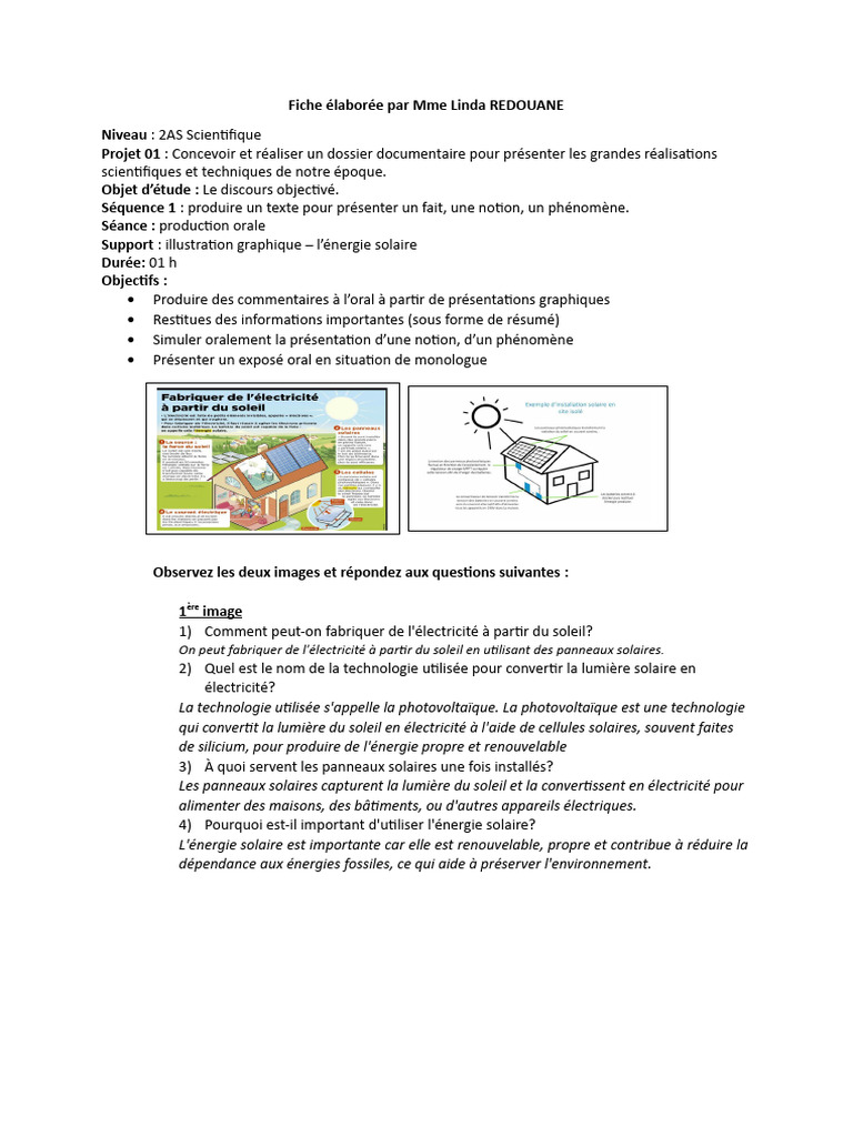 Fiche de Production Orale 2AS Scintifique - Projet 1 | PDF