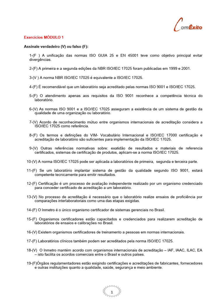 Exercicios Iso17025 Modulo1 | PDF | ISO 9000