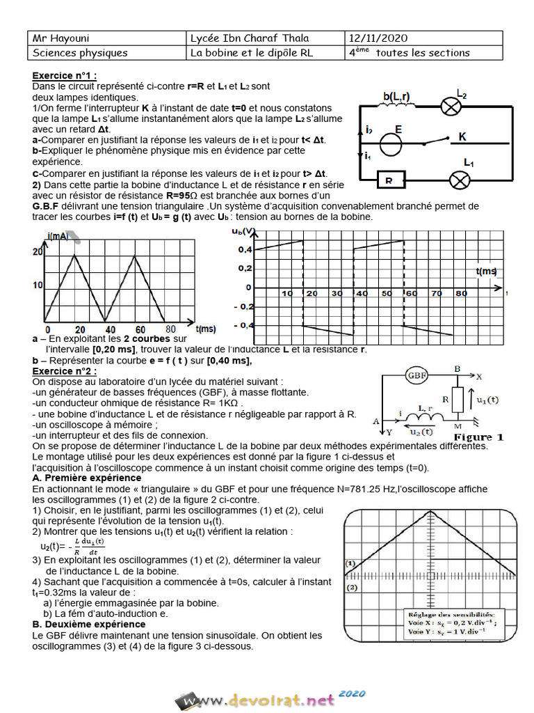 Série D'exercices N°3 - Physique - La Bobine Et Le Dipôle RL - Bac Sciences Exp (2020-2021) MR ...