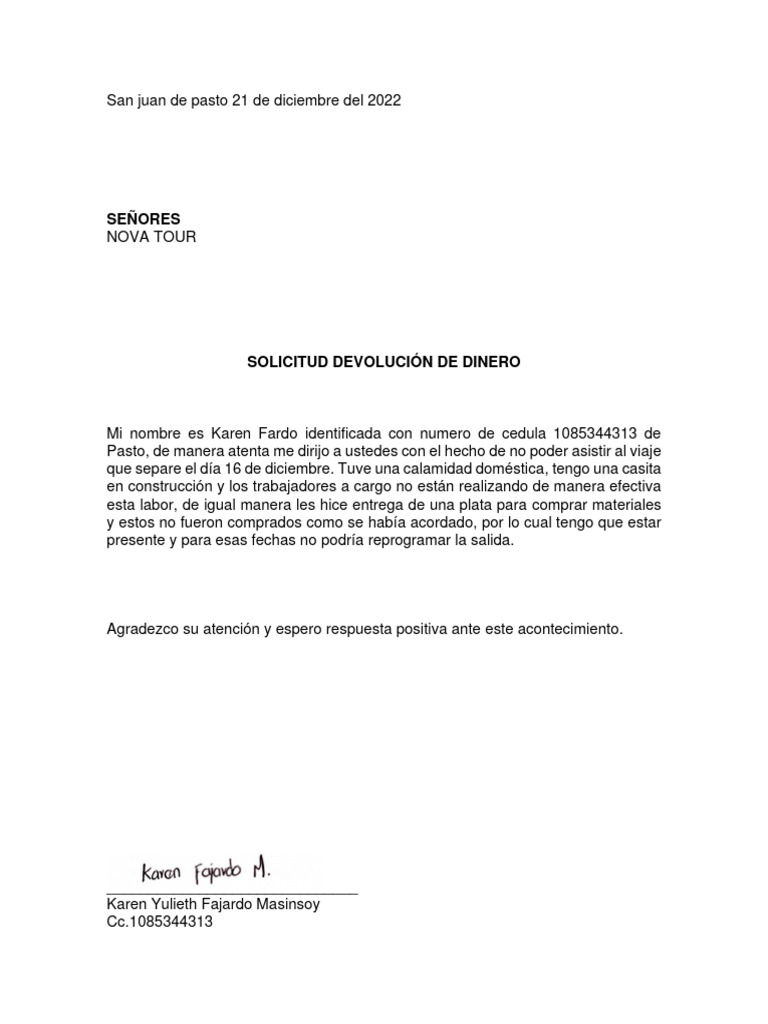 solicitud devolución de dinero | PDF