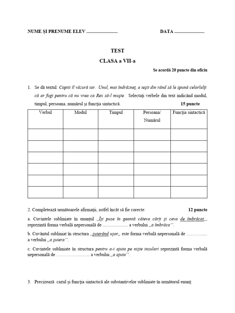 Test (Partial) - Clasa A VII-a | PDF