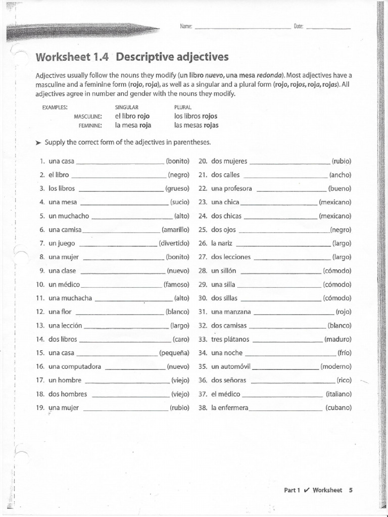 Descriptive Adjectives Worksheet 1.4 | PDF