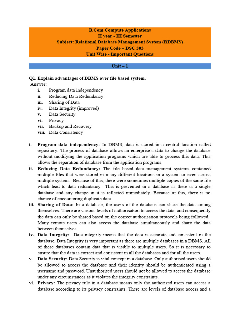 RDBMS - IMP Questions | PDF | Databases | Relational Database
