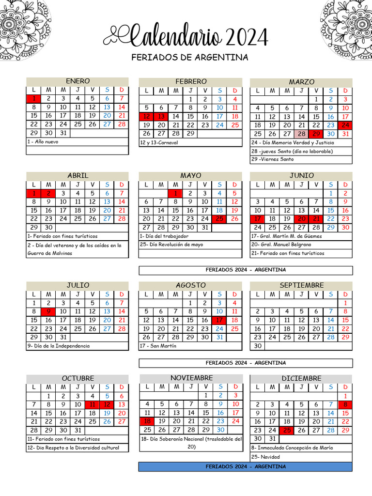 Calendario 2024 Feriados | PDF