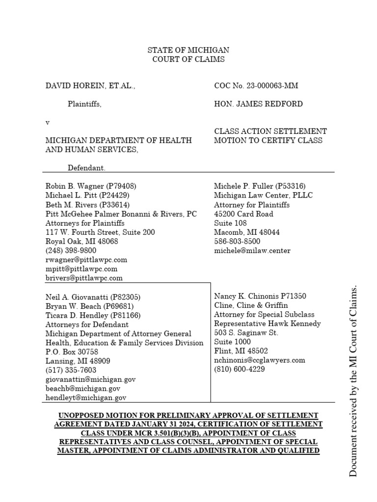 Class Action Settlement Approval Motion | PDF | Class Action | Lawsuit
