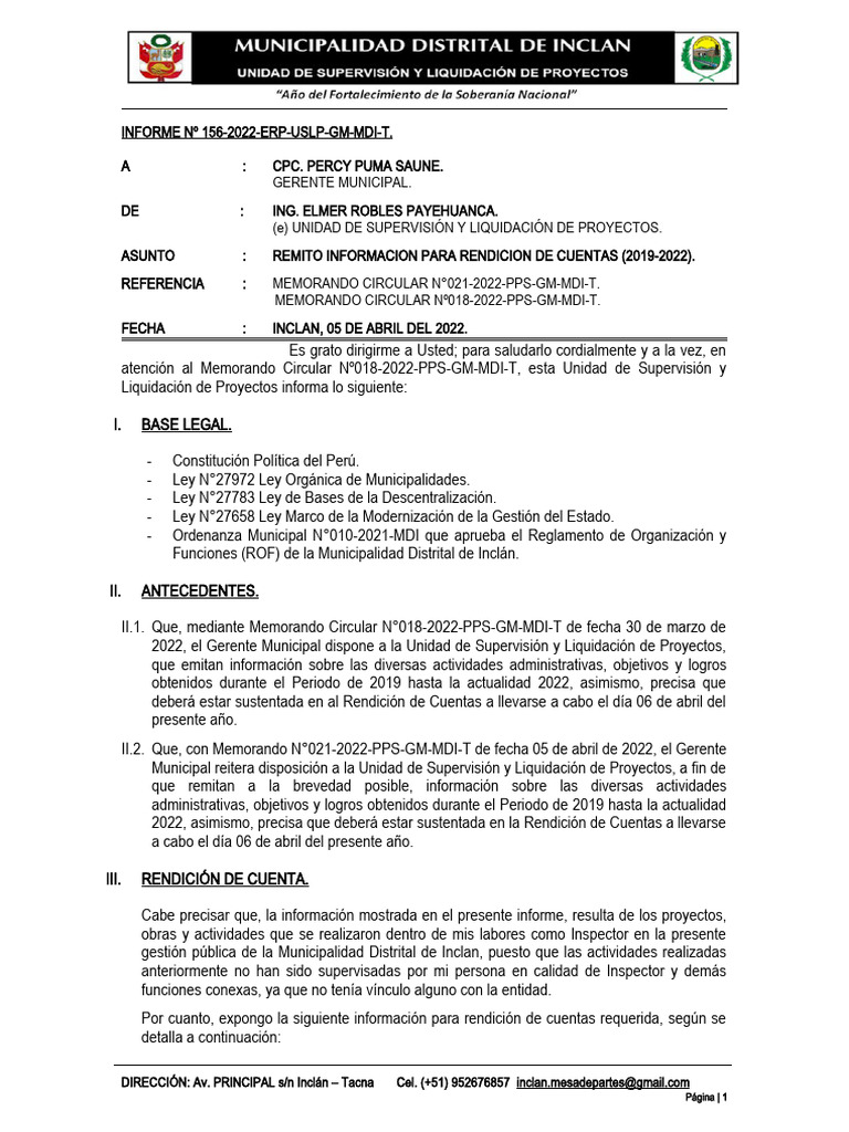 Informe #156-2022-ERP-USLP-GM-MDI - INFORME D ERENDICION DE CUENTAS ...