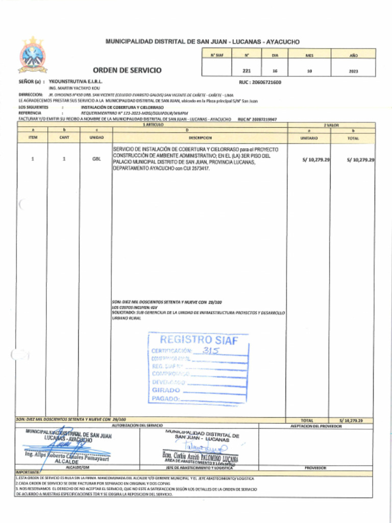 Os N°221 (Inst. Cobert. Cieloraso - 3°piso) | PDF