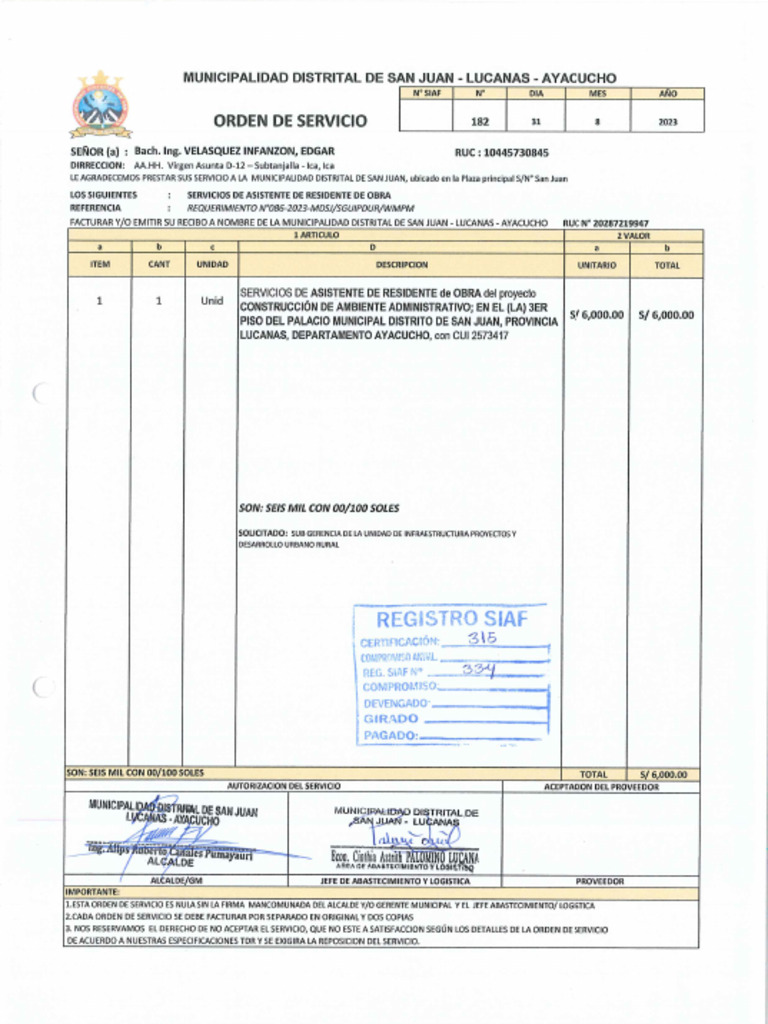 Os N°182 (Asistente Residente - 3° Piso) | PDF