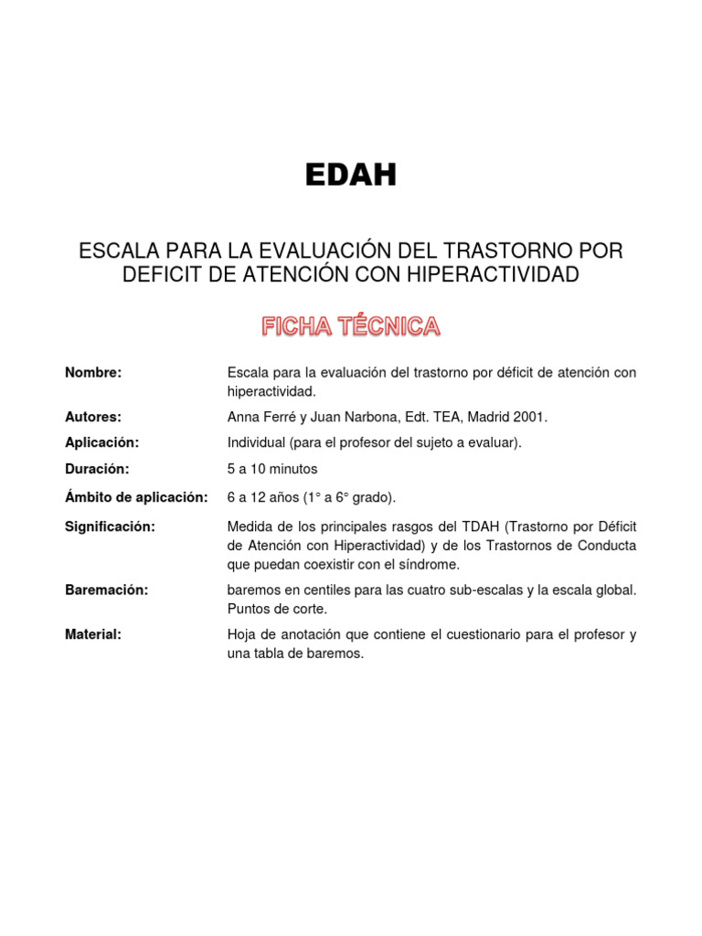 Edah Escala para La Evaluacion Del Trast | PDF | Desorden hiperactivo y ...