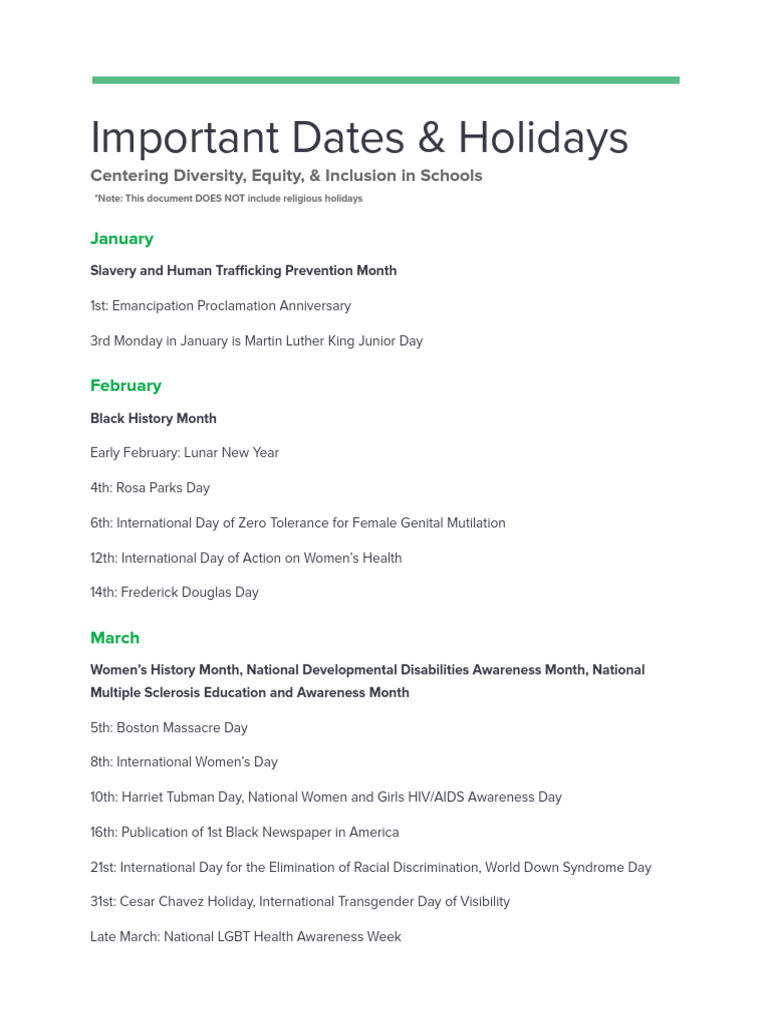 Important Dates & Holidays: Centering Diversity, Equity, & Inclusion in ...