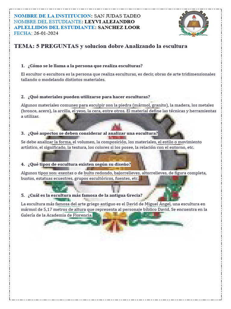 Tarea de Eca Alejandro Sanches Loor 2do de Bachiller | PDF | Escultura ...