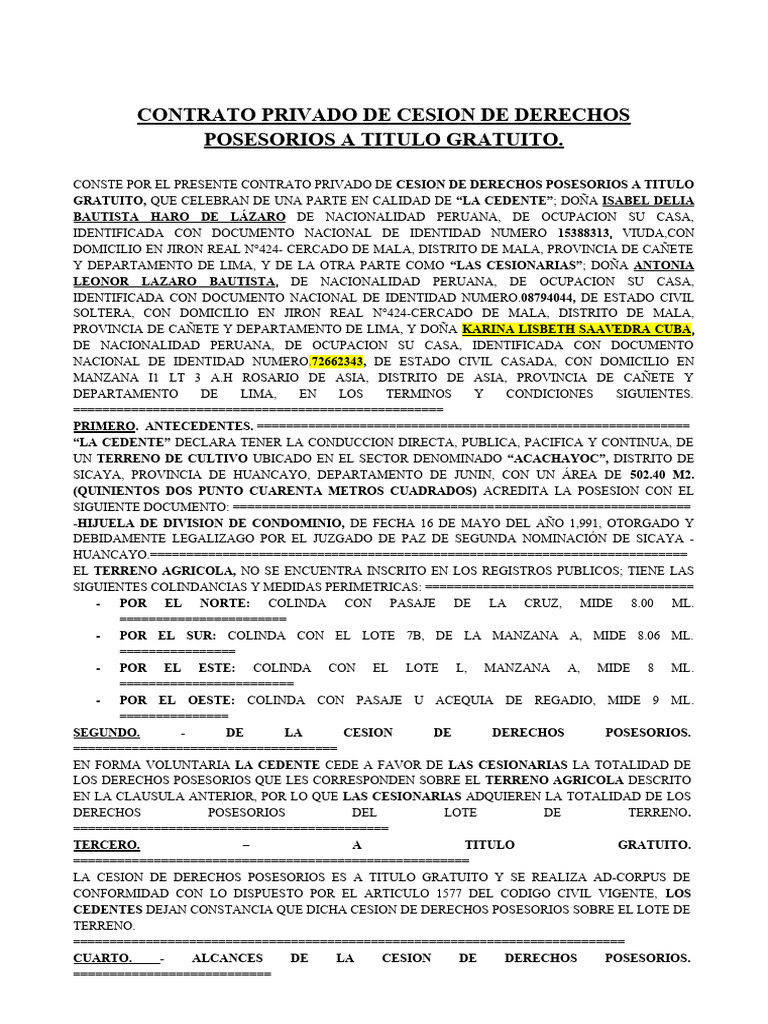 Contrato Privado de Cesion de Derechos Posesorios A Titulo Gratuito | PDF